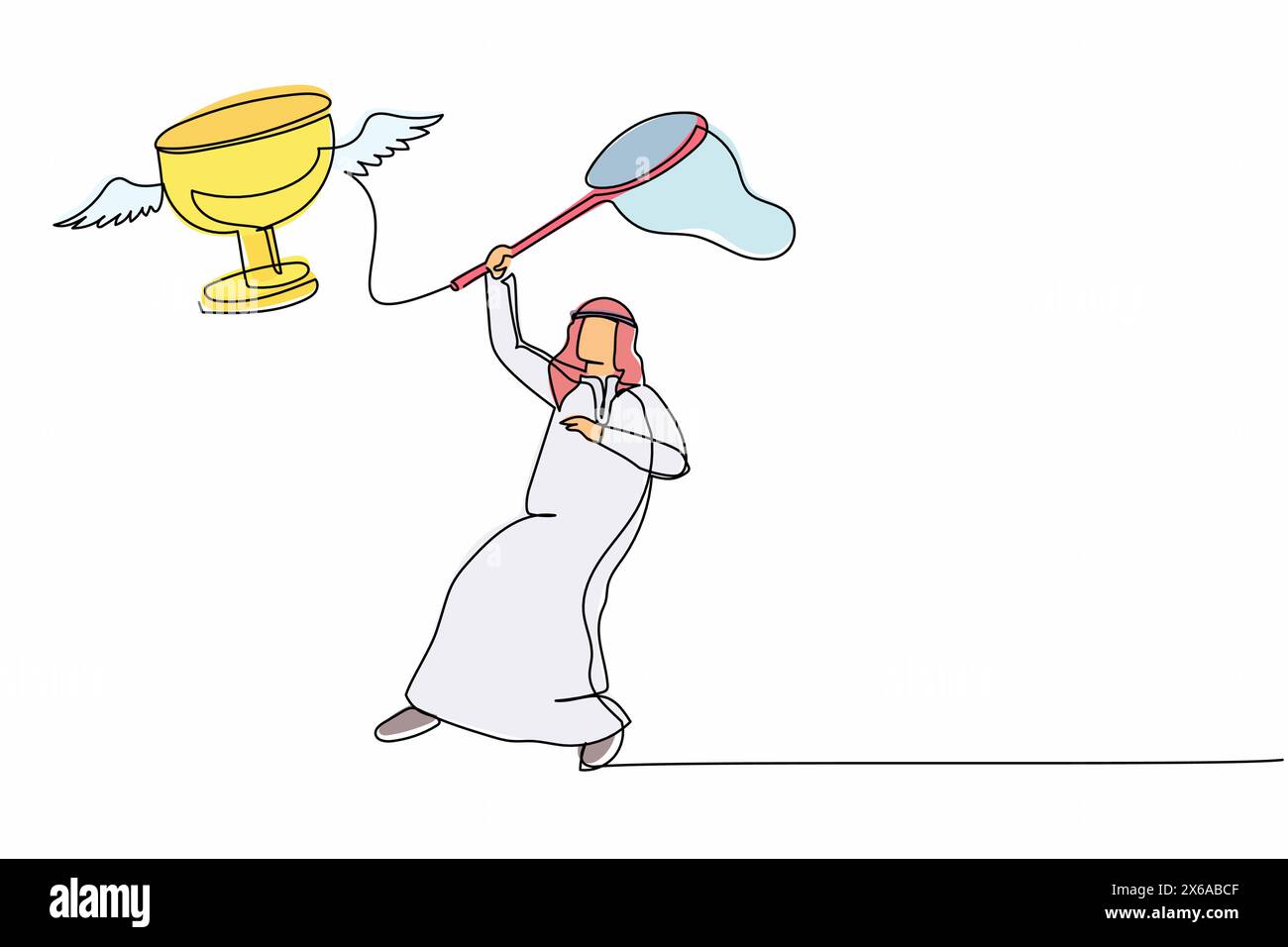 Continuous one line drawing Arab businessman try to catching flying ...