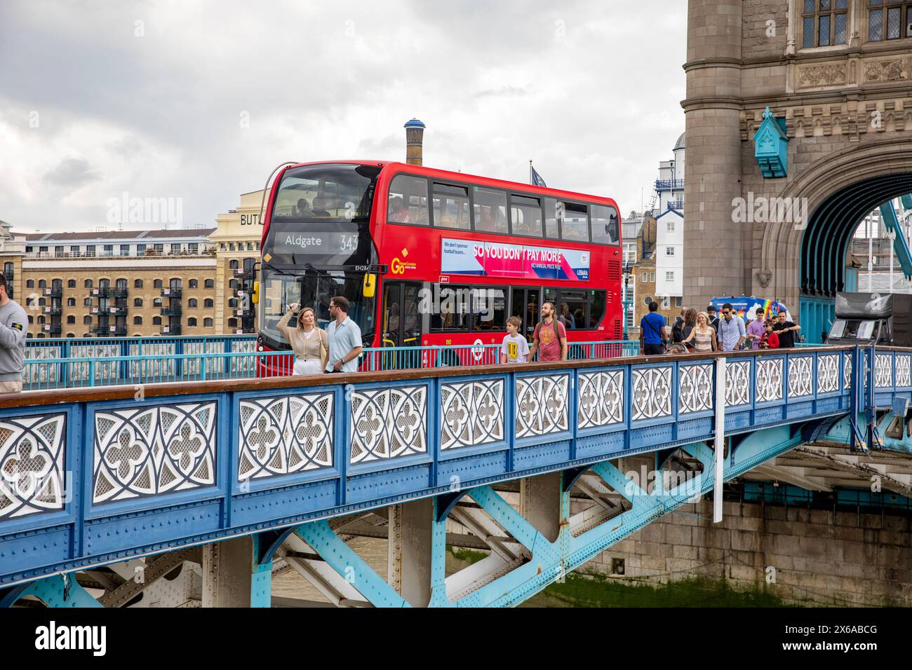 Tower Bridge London famous landmark, walkers tourists cross the bridge beside London double ...