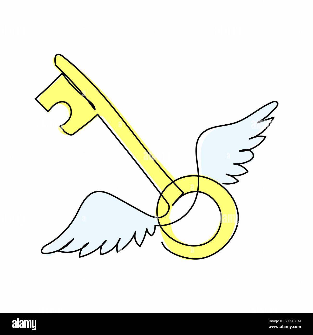 Single one line drawing flying key with wings. Mystery, clue and magic ...