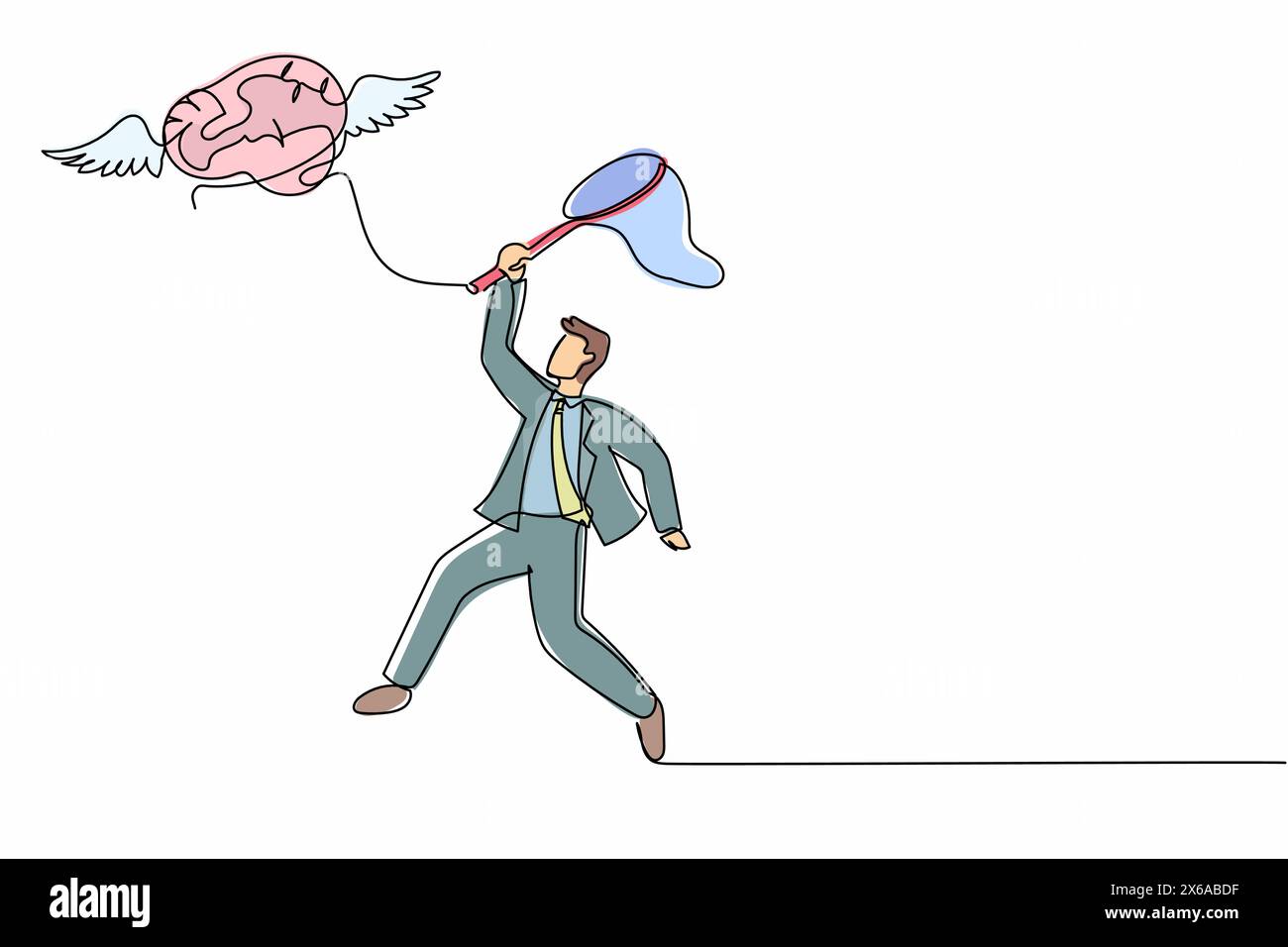 Single continuous line drawing businessman try to catching flying brain ...