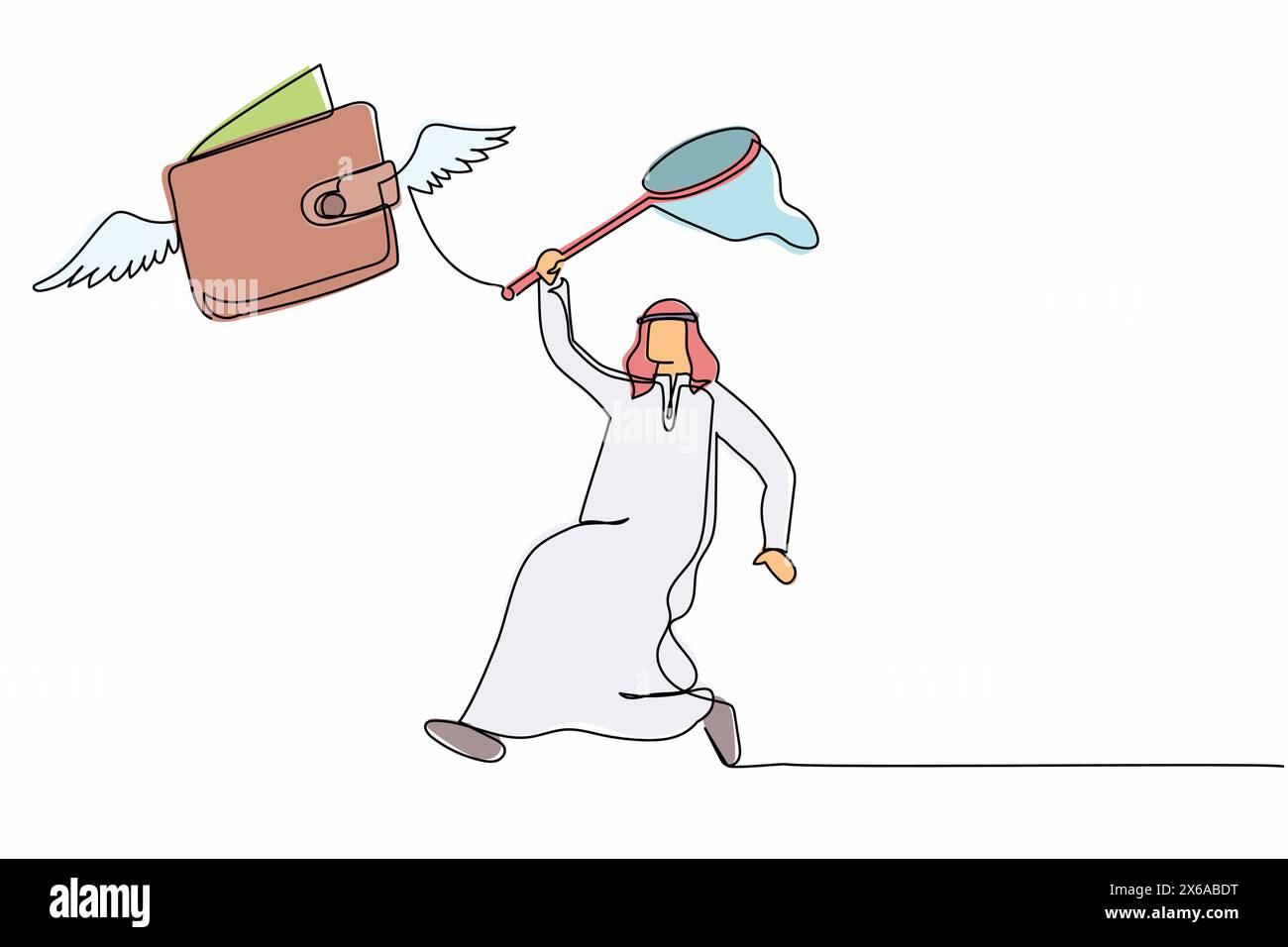 Single continuous line drawing Arabian businessman try to catching ...