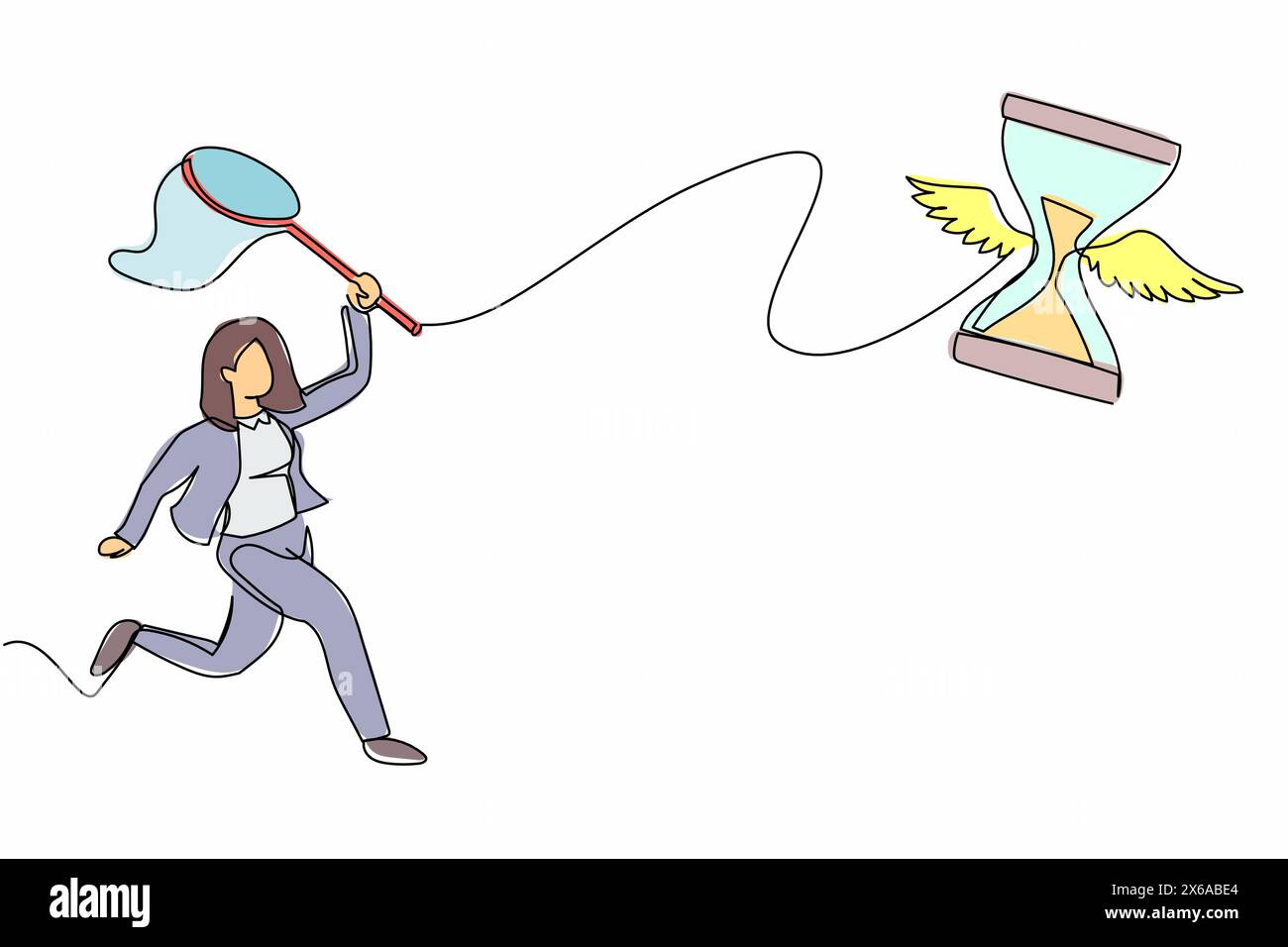 Single one line drawing businesswoman try to catching flying hourglass ...