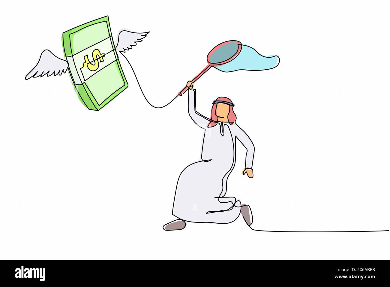 Single continuous line drawing Arabian businessman try to catching ...