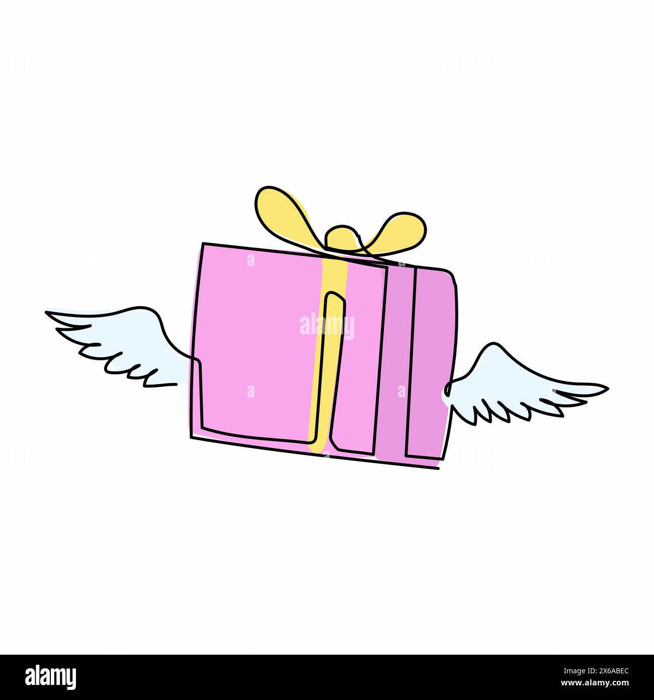 Single one line drawing flying gift box with wings. Winged surprise box ...