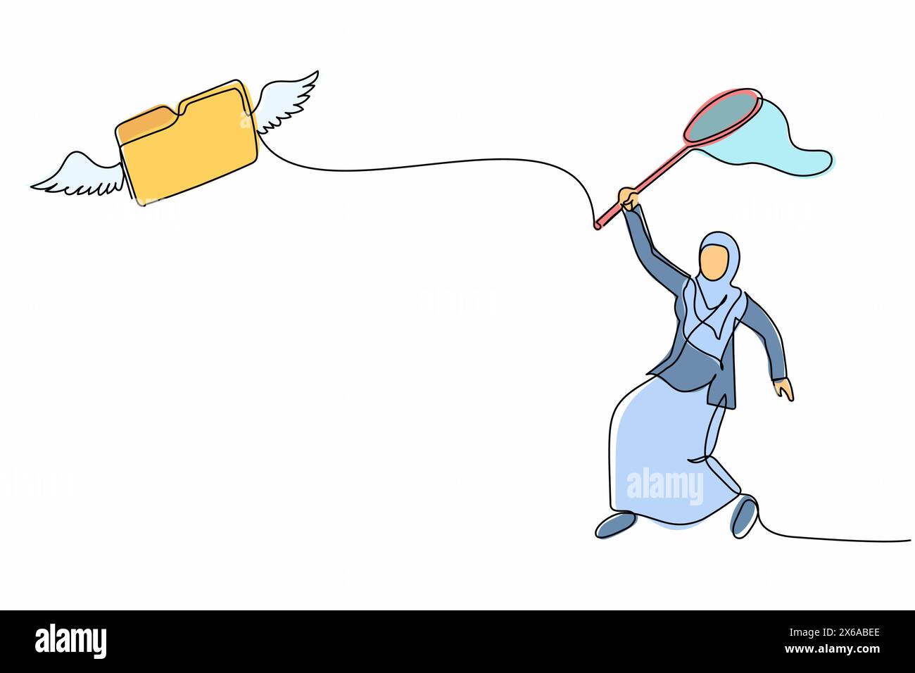 Continuous one line drawing Arabian businesswoman try to catching ...