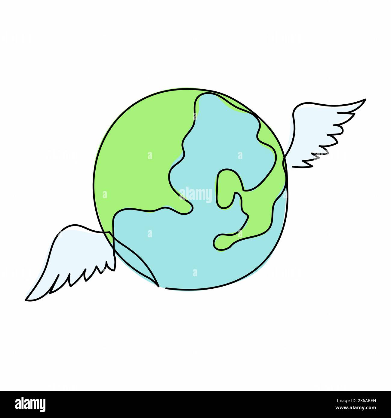 Single continuous line drawing flying globe with wings. World travel ...