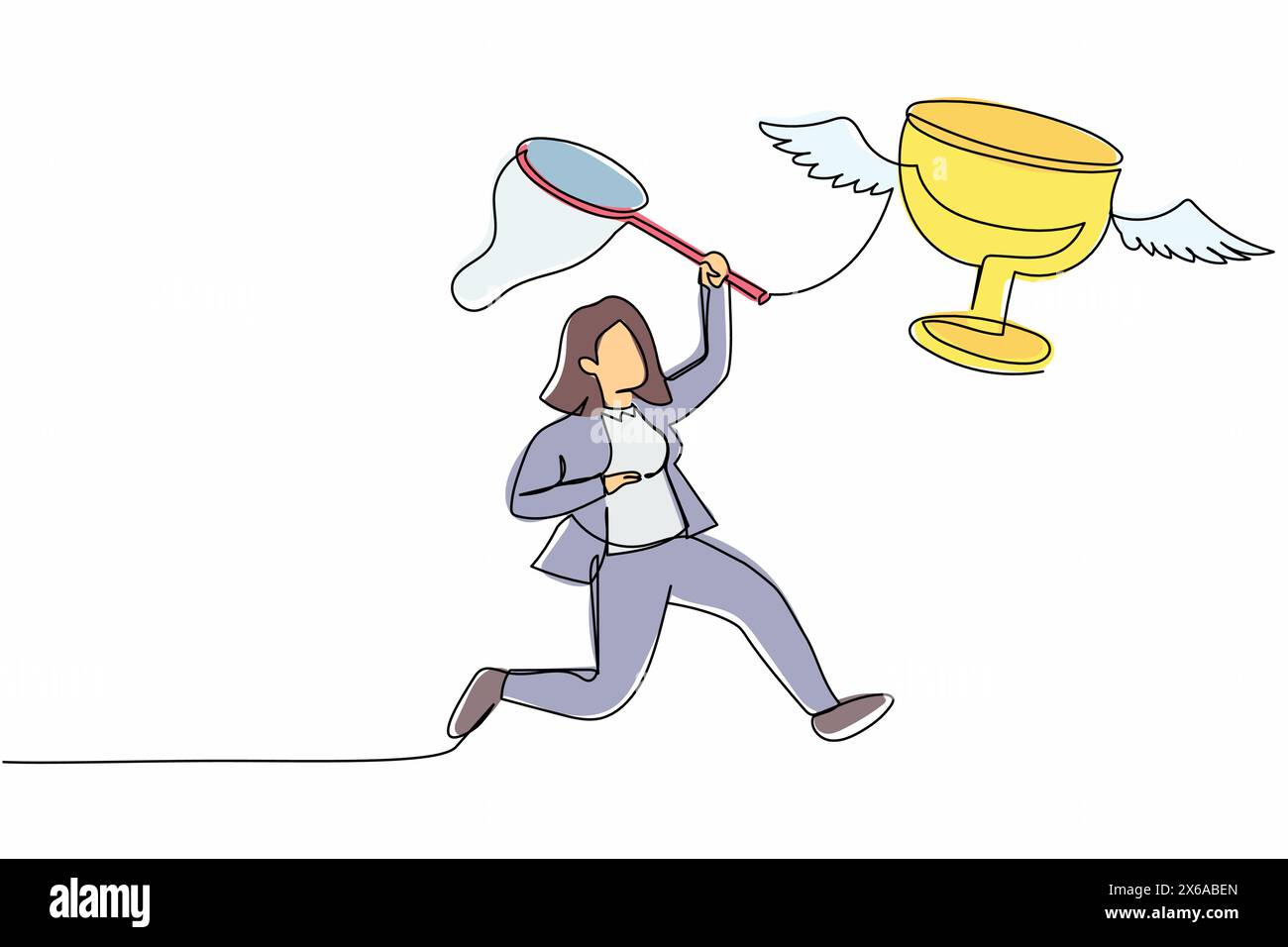 Single one line drawing businesswoman try to catching flying trophy ...