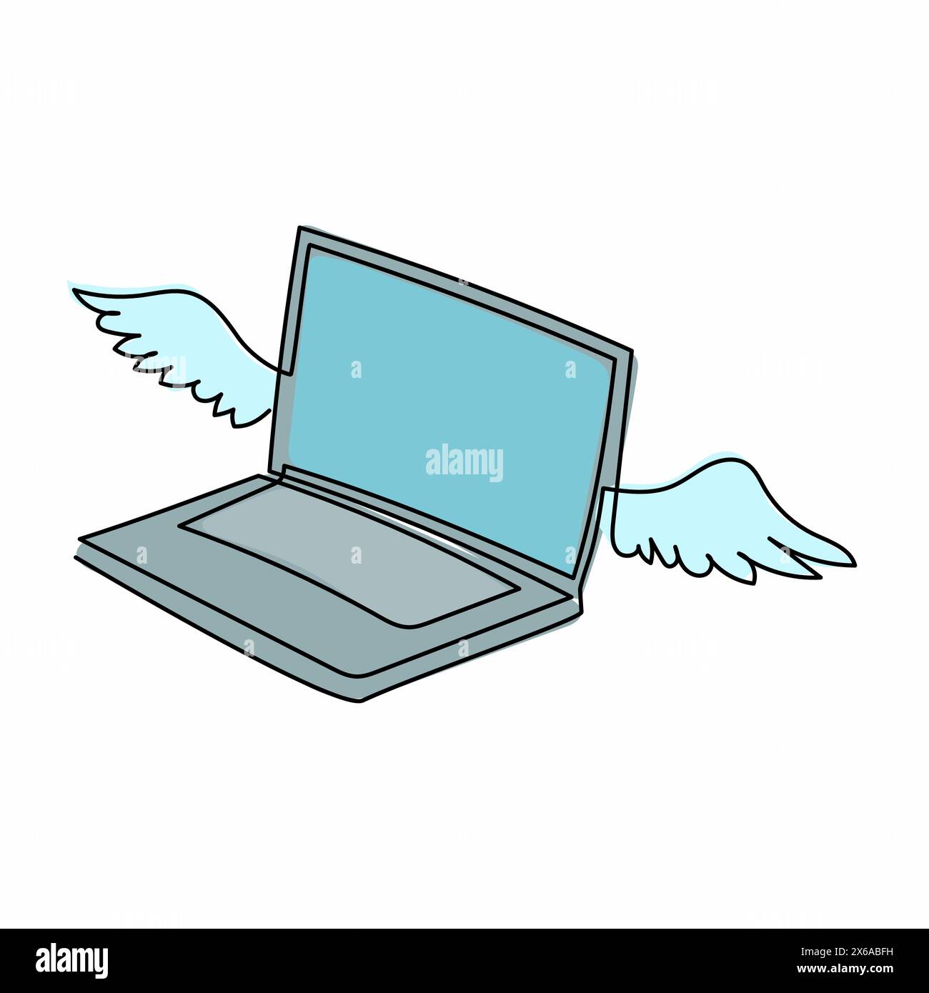 Continuous one line drawing flying laptop with wings. Winged laptop ...