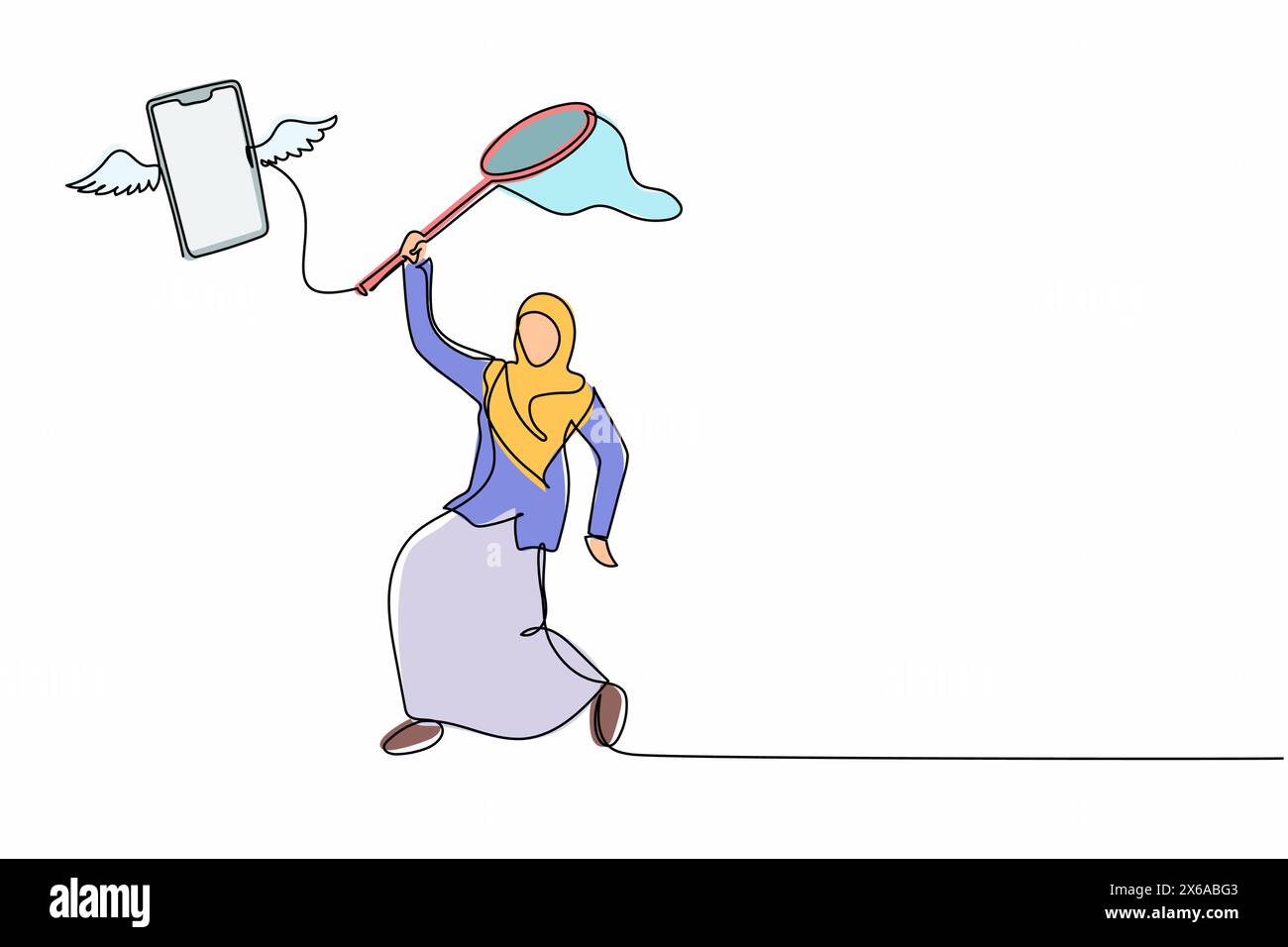 Single continuous line drawing Arab businesswoman try to catch flying ...