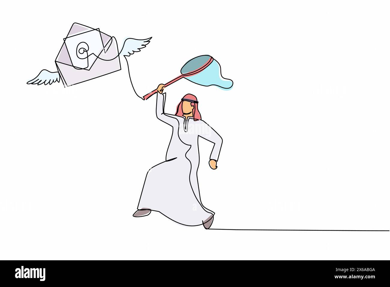 Continuous one line drawing Arab businessman try to catching flying ...