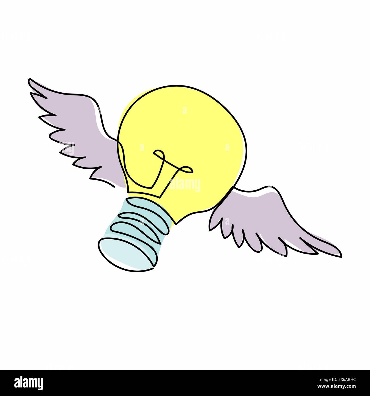 Single continuous line drawing flying light bulb with wings ...