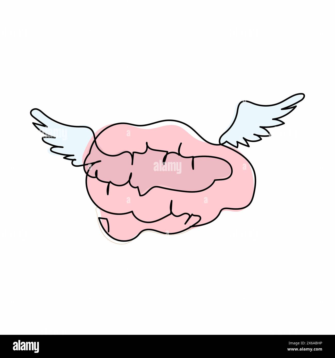 Single continuous line drawing flying brain with wings logo design ...