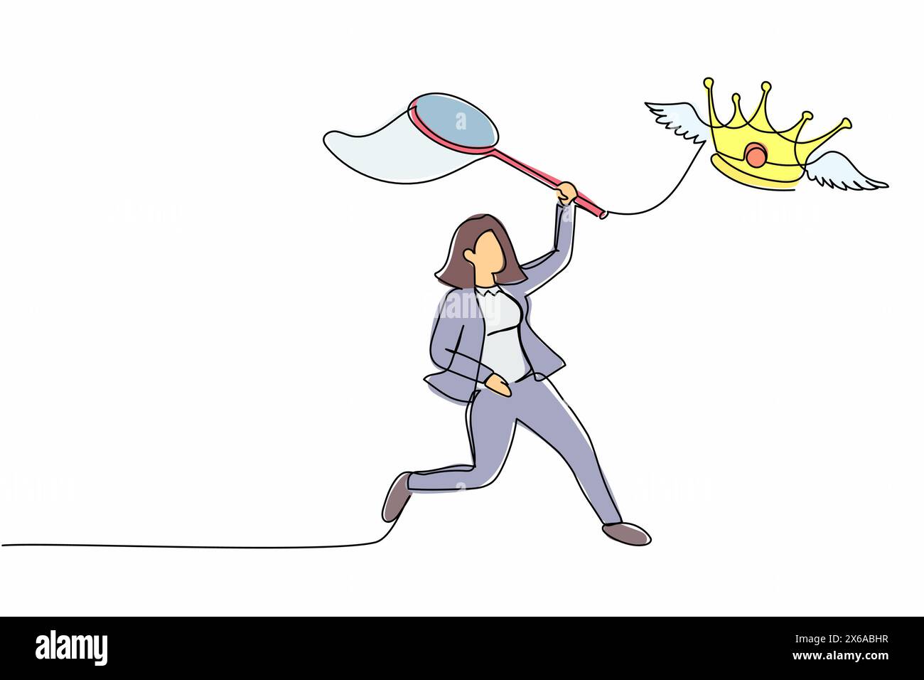 Single one line drawing businesswoman try to catching flying crown with ...