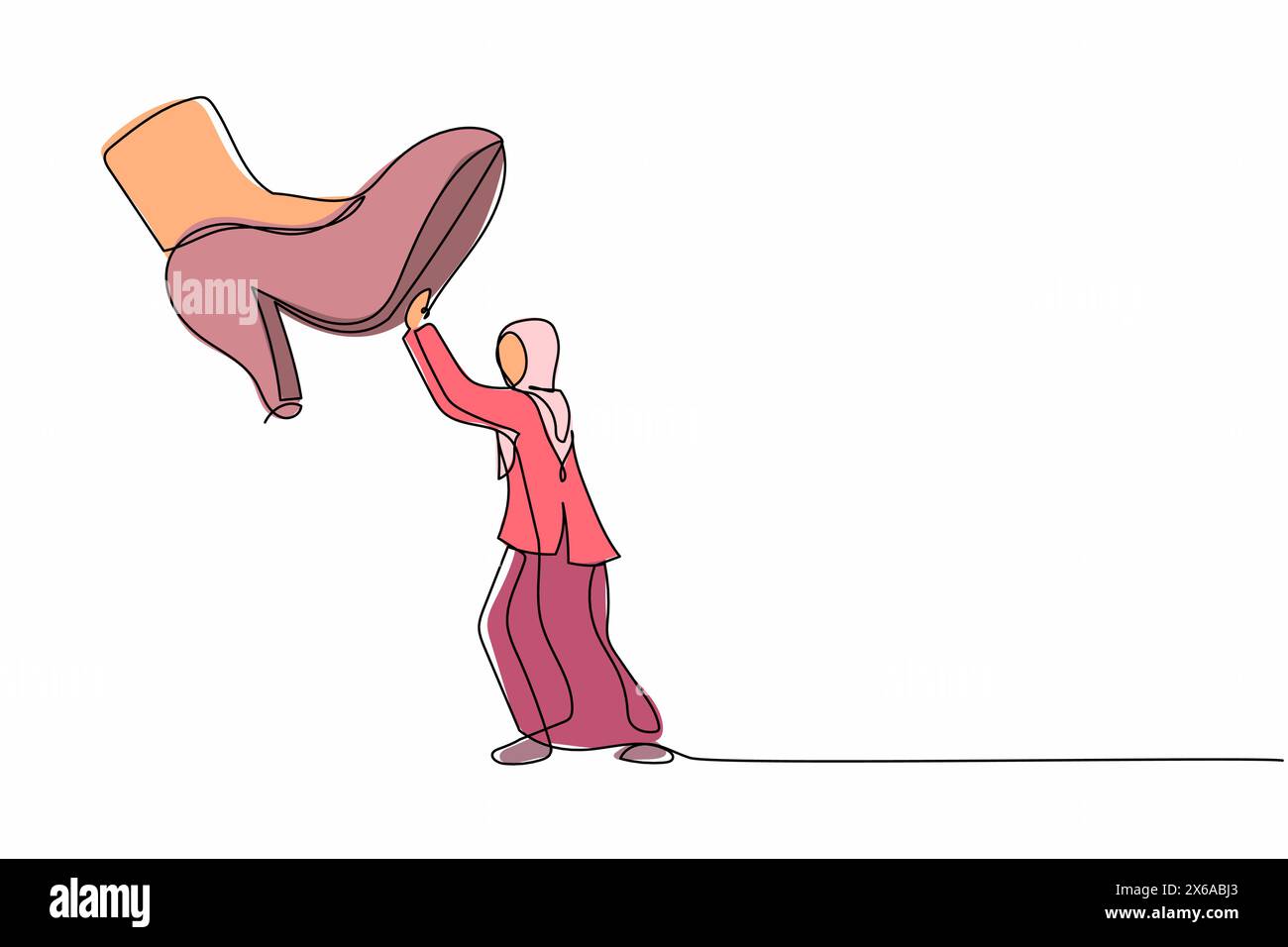 Single one line drawing young Arab businesswoman against giant shoes ...