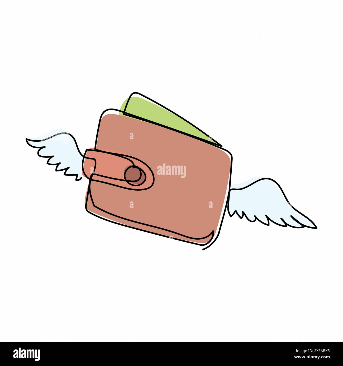 Single one line drawing flying wallet with wings. Losing money ...