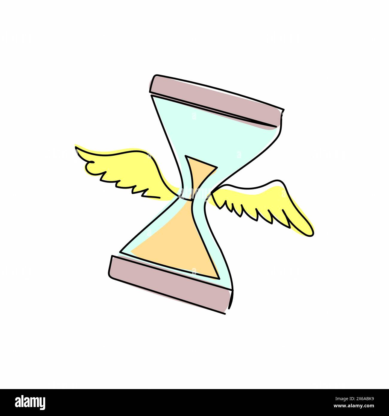 Single one line drawing flying hourglass with wings. Flying sand clock ...