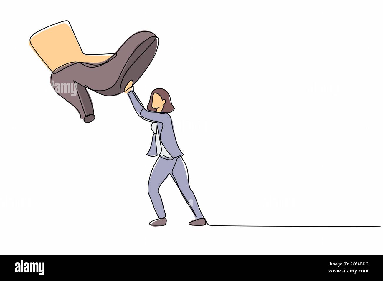 Continuous one line drawing brave businesswoman against giant shoes ...