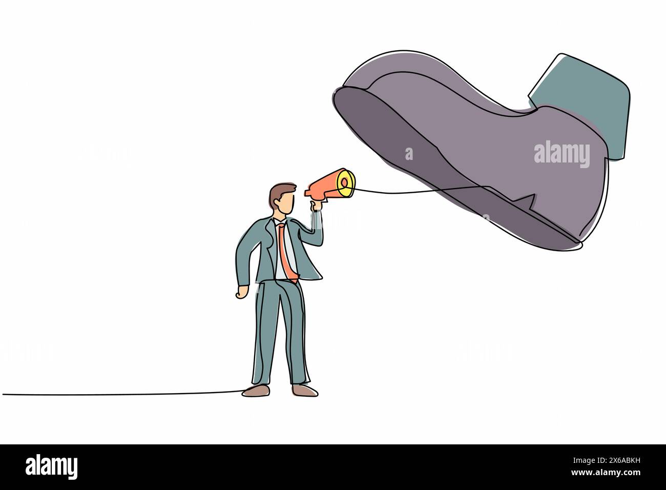 Single one line drawing businessman speaking with megaphone under giant ...