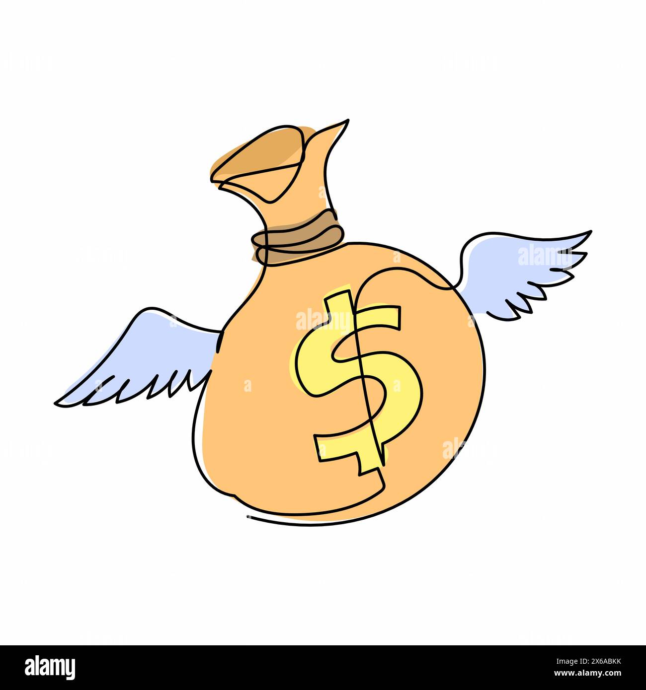 Single continuous line drawing flying money bag with wings. Bag with ...