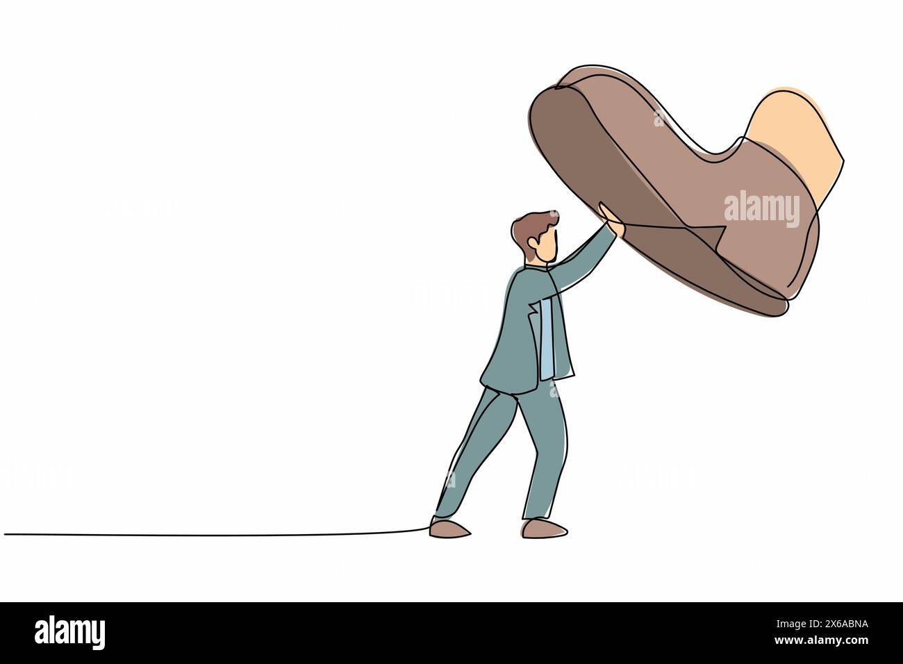 Single one line drawing young businessman against giant shoes stomping ...