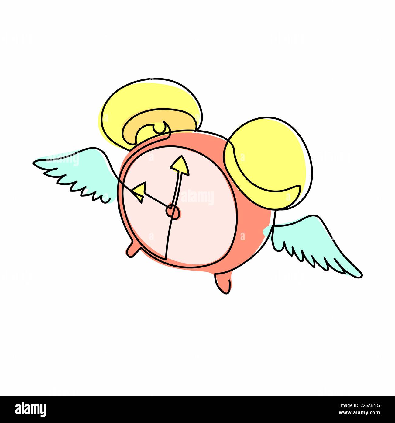 Continuous one line drawing flying alarm clock with wings. Alarm clock ...