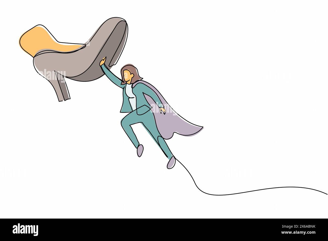 Single one line drawing young businesswoman flying with hero capes ...
