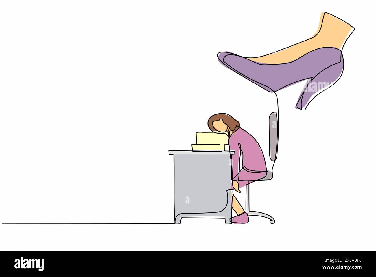 Single one line drawing young businesswoman sleeping on pile of papers ...