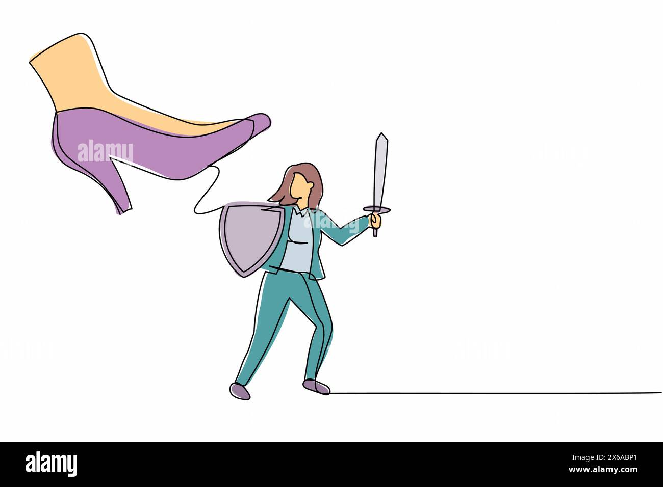 Single one line drawing young businesswoman fight to giant foot with ...