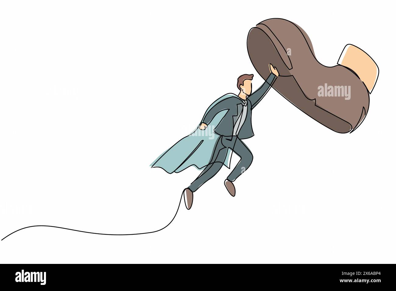 Single continuous line drawing active businessman flying with heroes ...