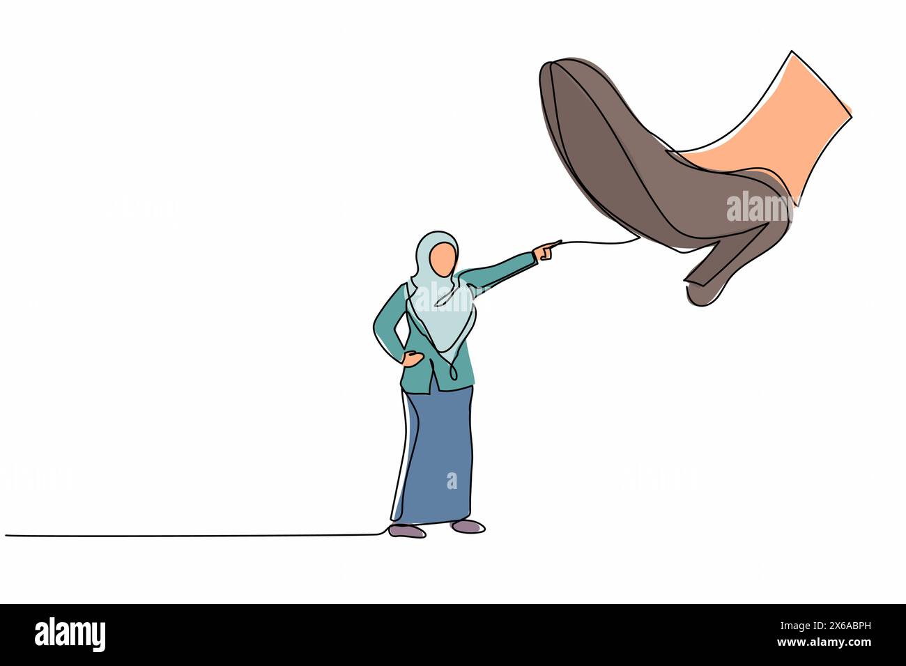 Single one line drawing Arab businesswoman facing against giant shoes ...