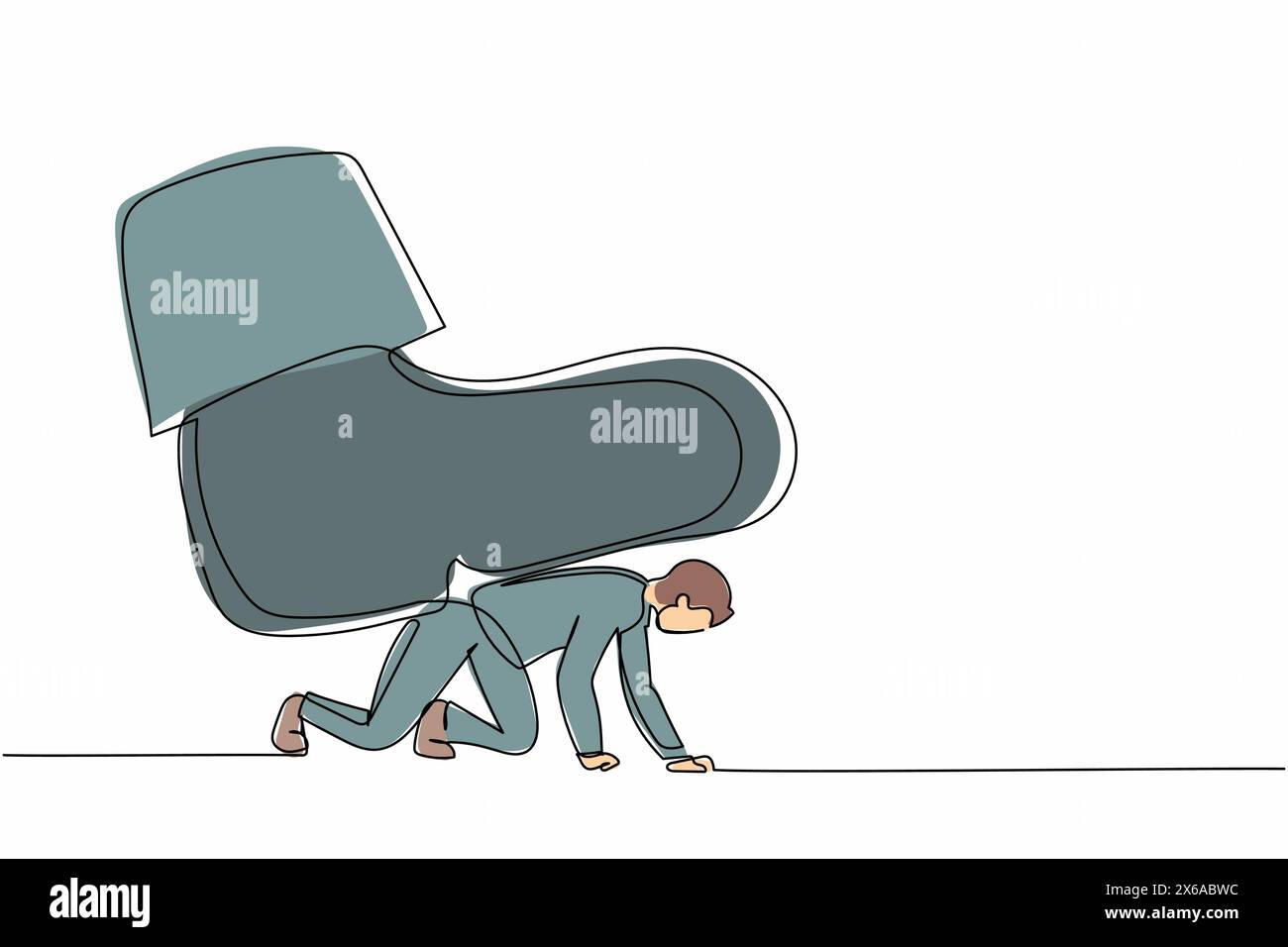Continuous one line drawing businessman crawling under giant foot ...