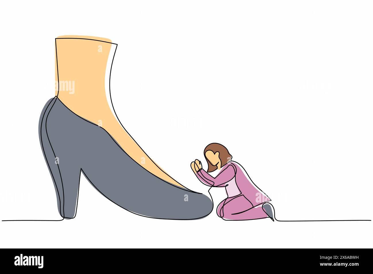 Continuous one line drawing businesswoman kneeling a giant foot or shoe ...