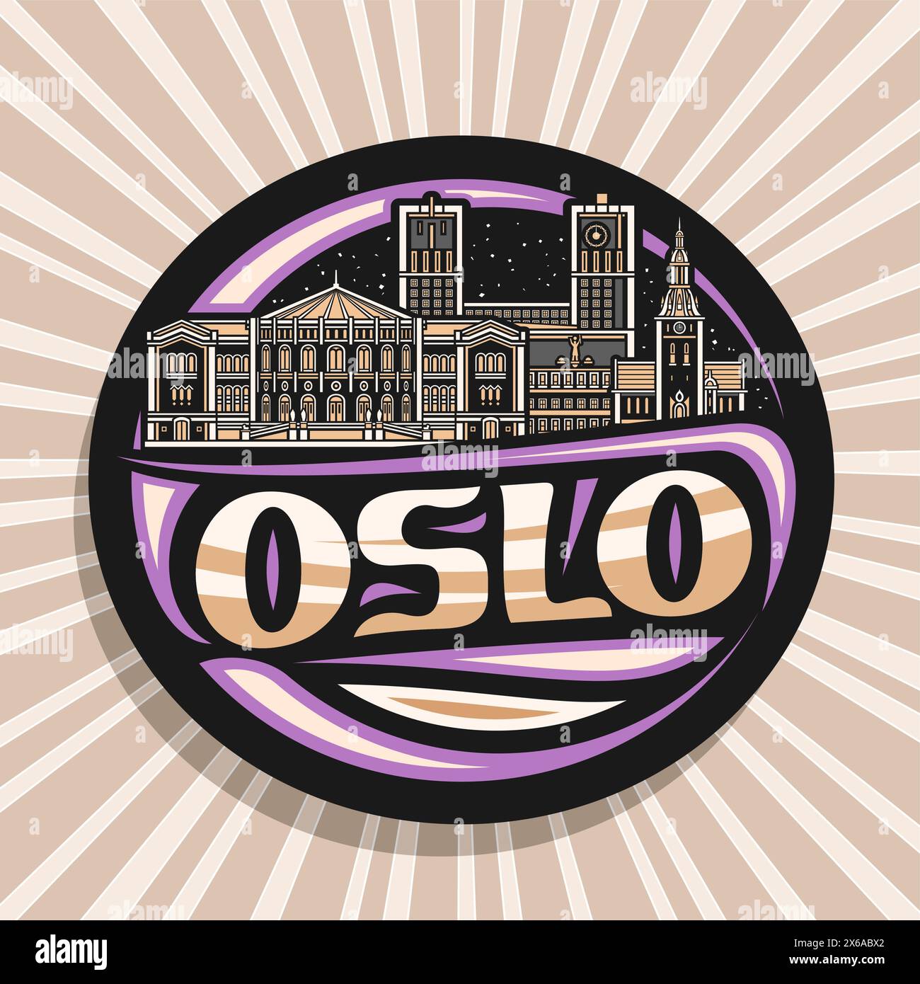 Vector logo for Oslo, dark decorative label with line illustration of ...