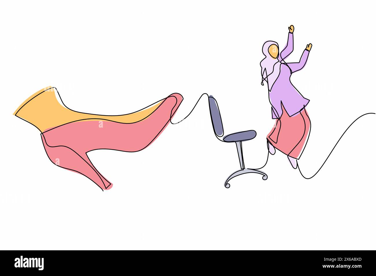 Single continuous line drawing young small Arabian businesswoman kicked ...