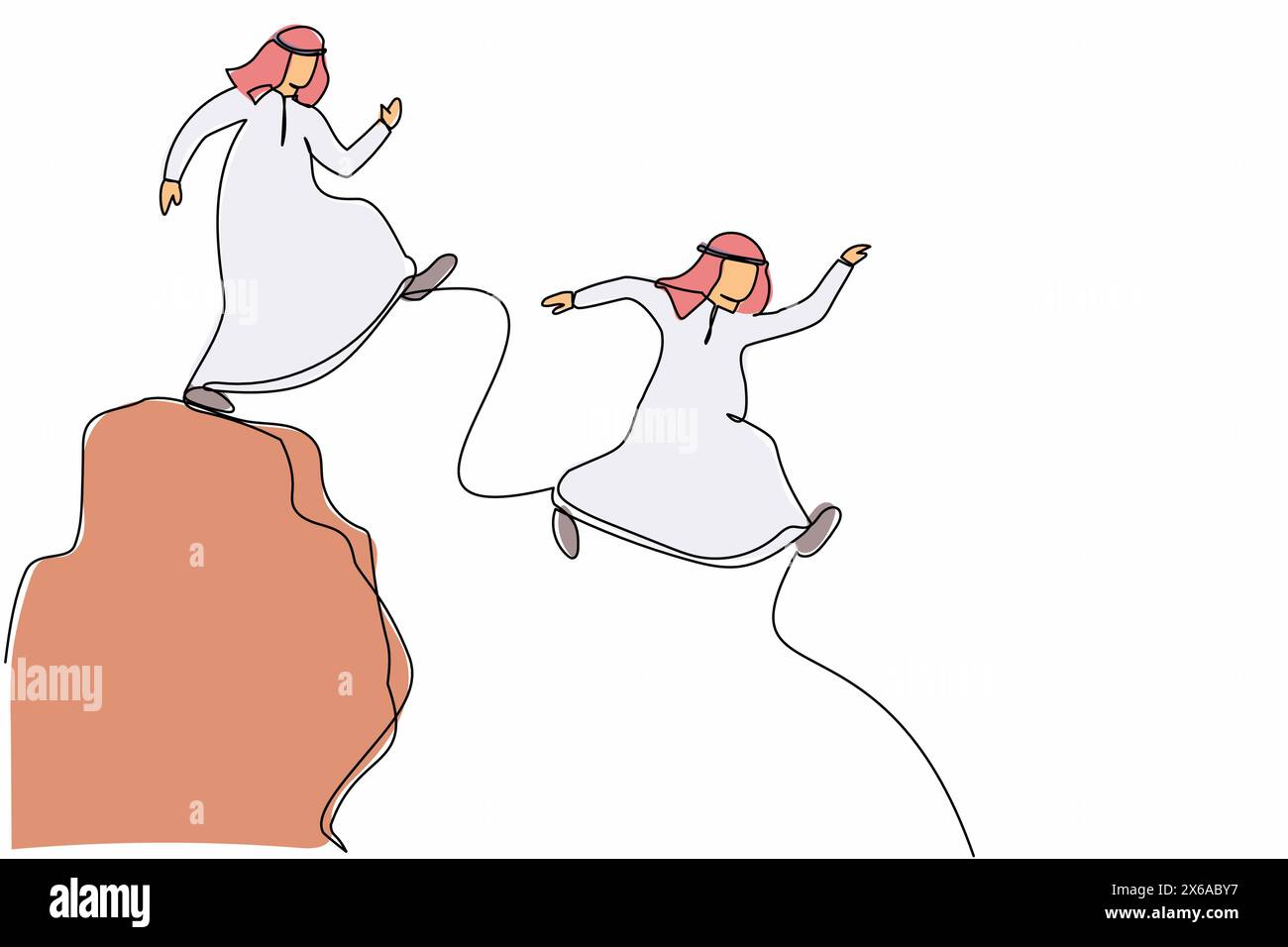 Single one line drawing businessman kick throw male colleague off cliff ...