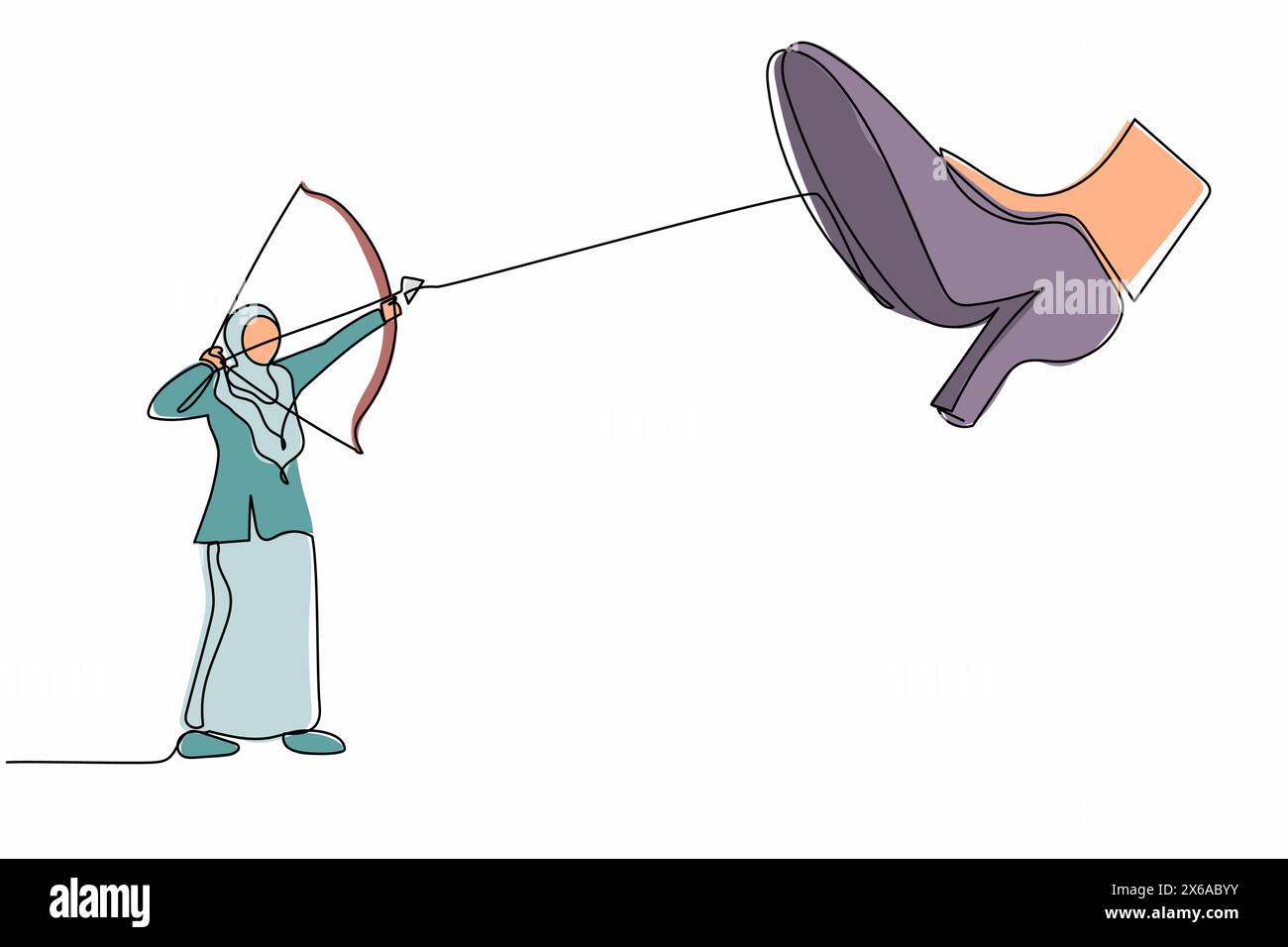 Single continuous line drawing active Arab businesswoman aiming bow ...