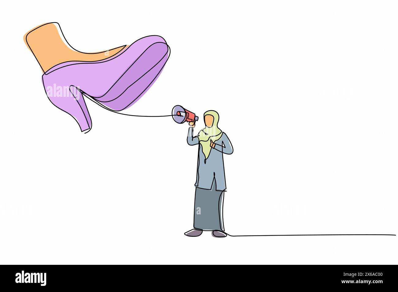 Continuous one line drawing young Arabian businesswoman protest with ...