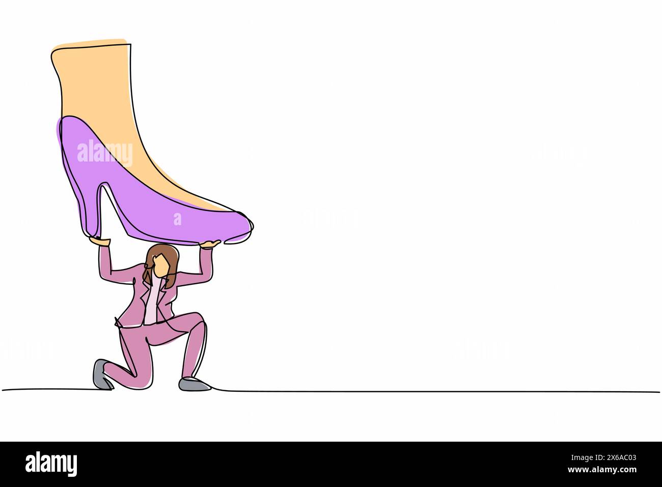 Single one line drawing businesswoman under giant foot stomping ...