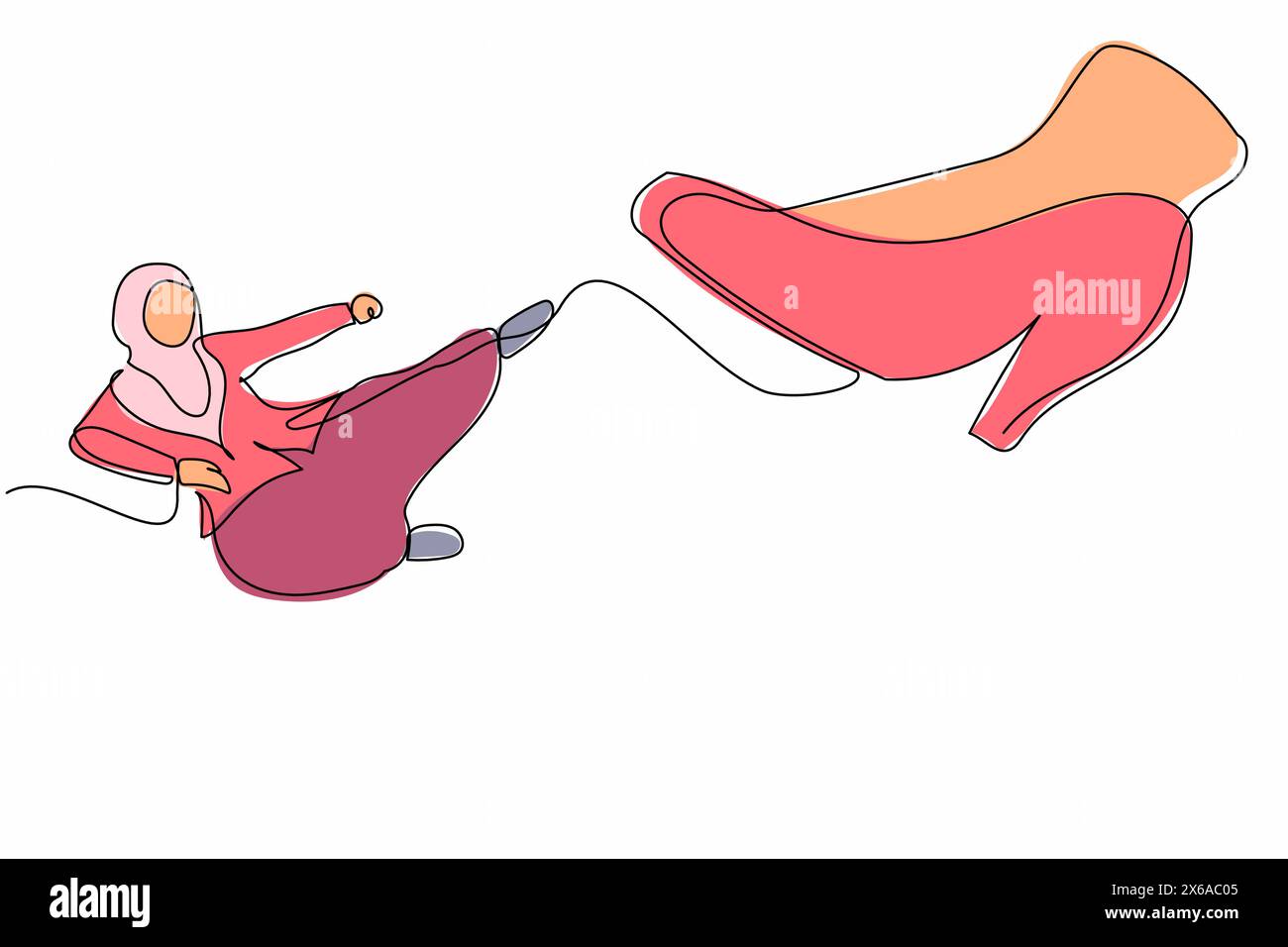 Single one line drawing active Arab businesswoman kick giant foot stomp ...