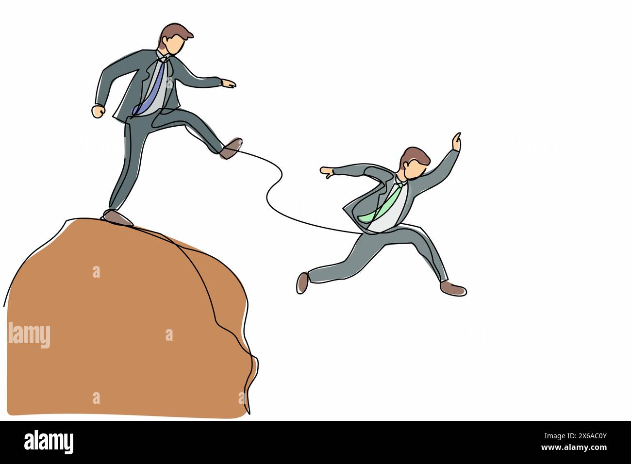 Single one line drawing businessman kick throw male colleague off cliff ...
