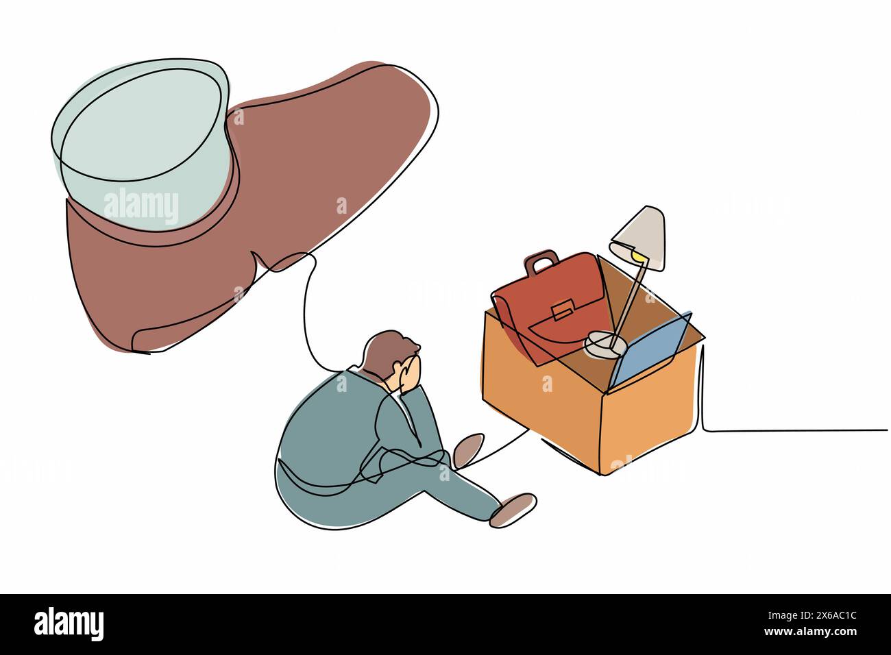 Continuous one line drawing sadness businessman sitting on the floor ...