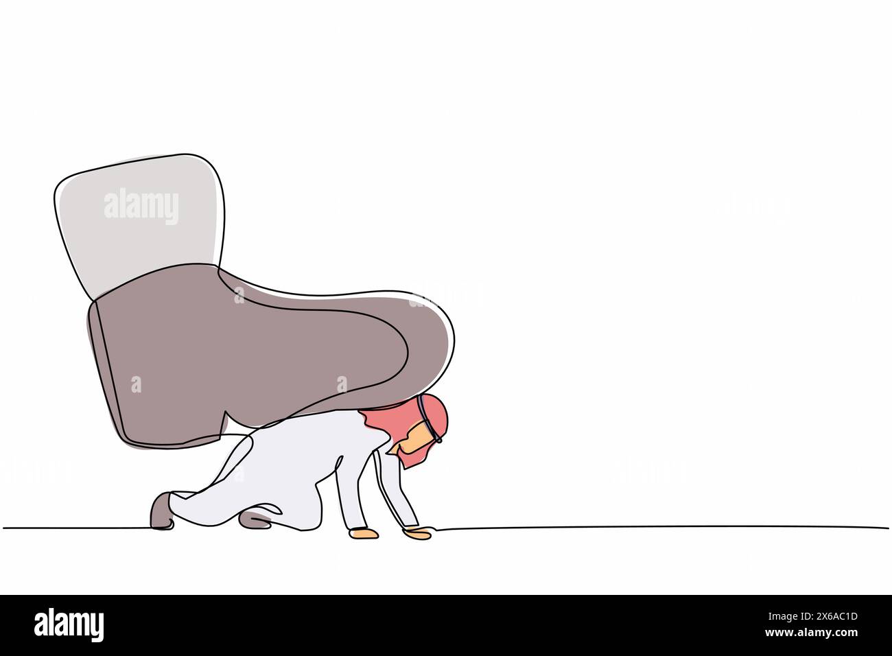 Single one line drawing young Arab businesswoman under giant foot ...