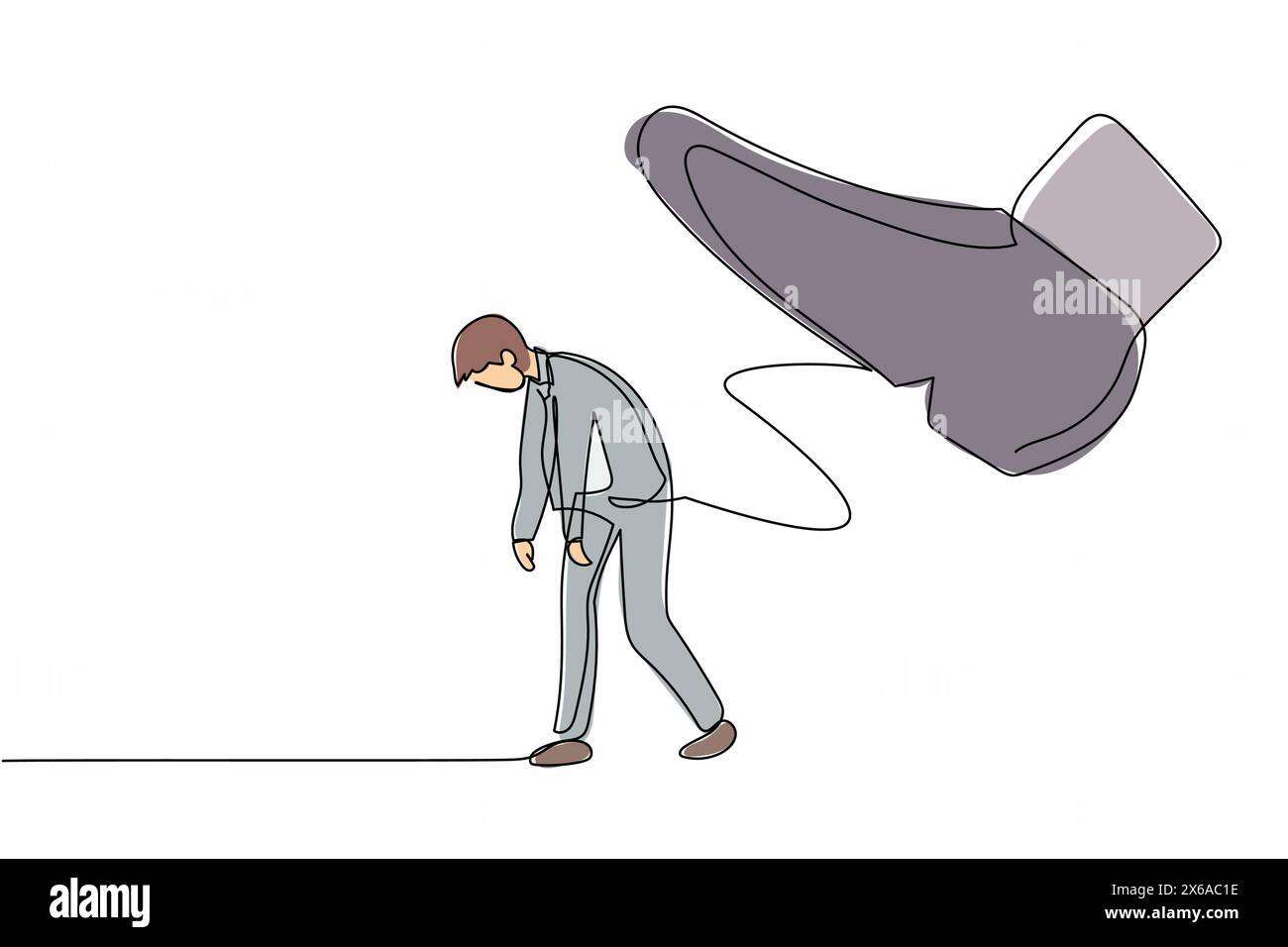 Single one line drawing young businessman going away with huge boot ...