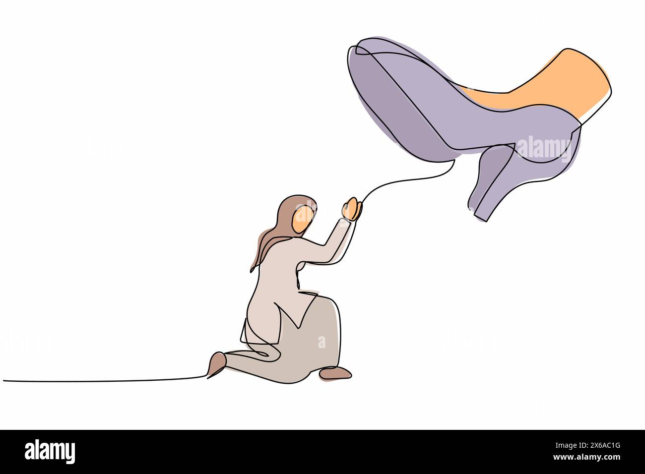 Single one line drawing young Arab businesswoman kneel down under giant ...