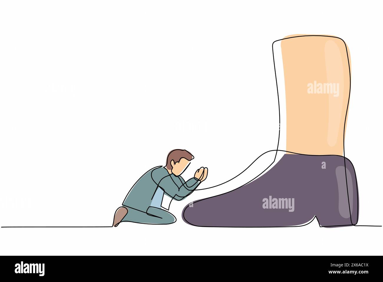 Single one line drawing failed businessman kneeling a giant foot or ...