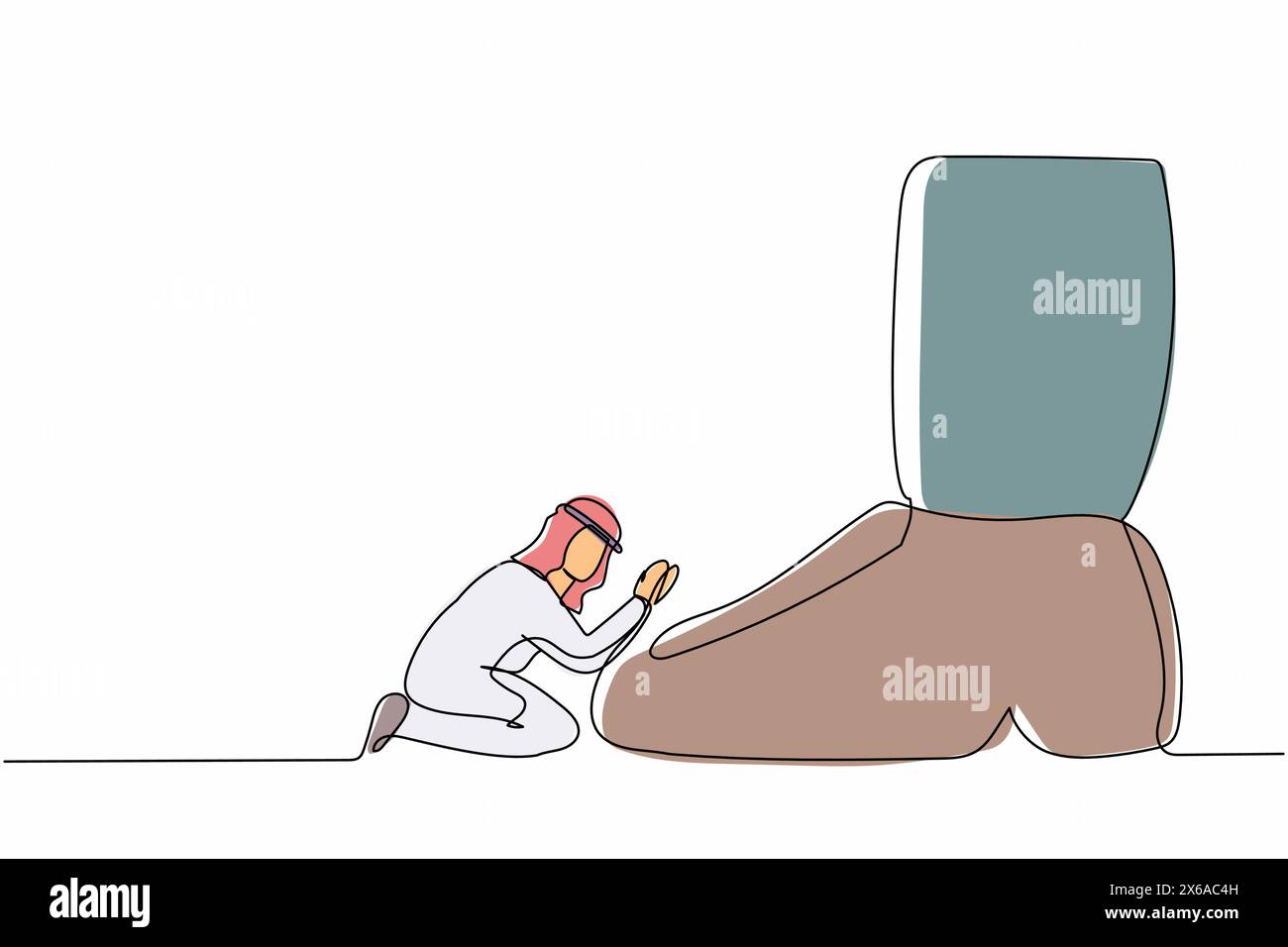 Continuous one line drawing failed Arabian businessman kneeling a giant ...