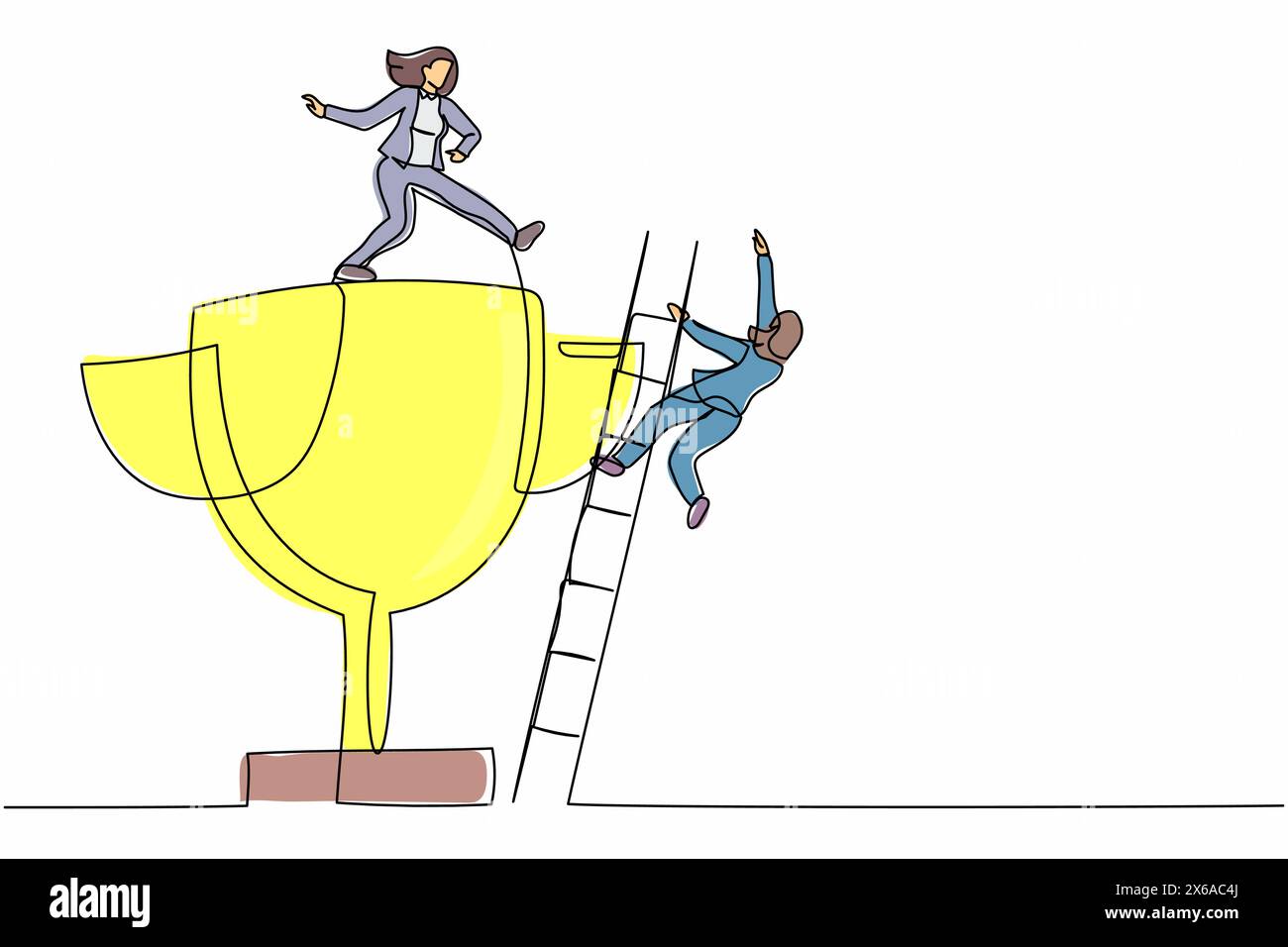 Single continuous line drawing businesswoman kicking to make her rival ...