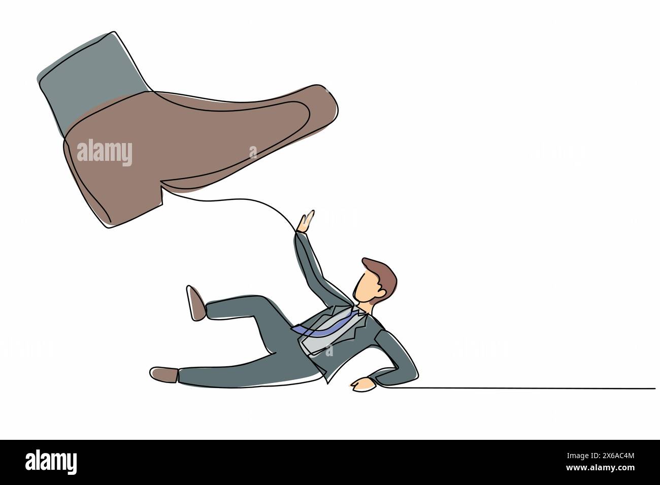 Single continuous line drawing small businessman under the giant foot ...