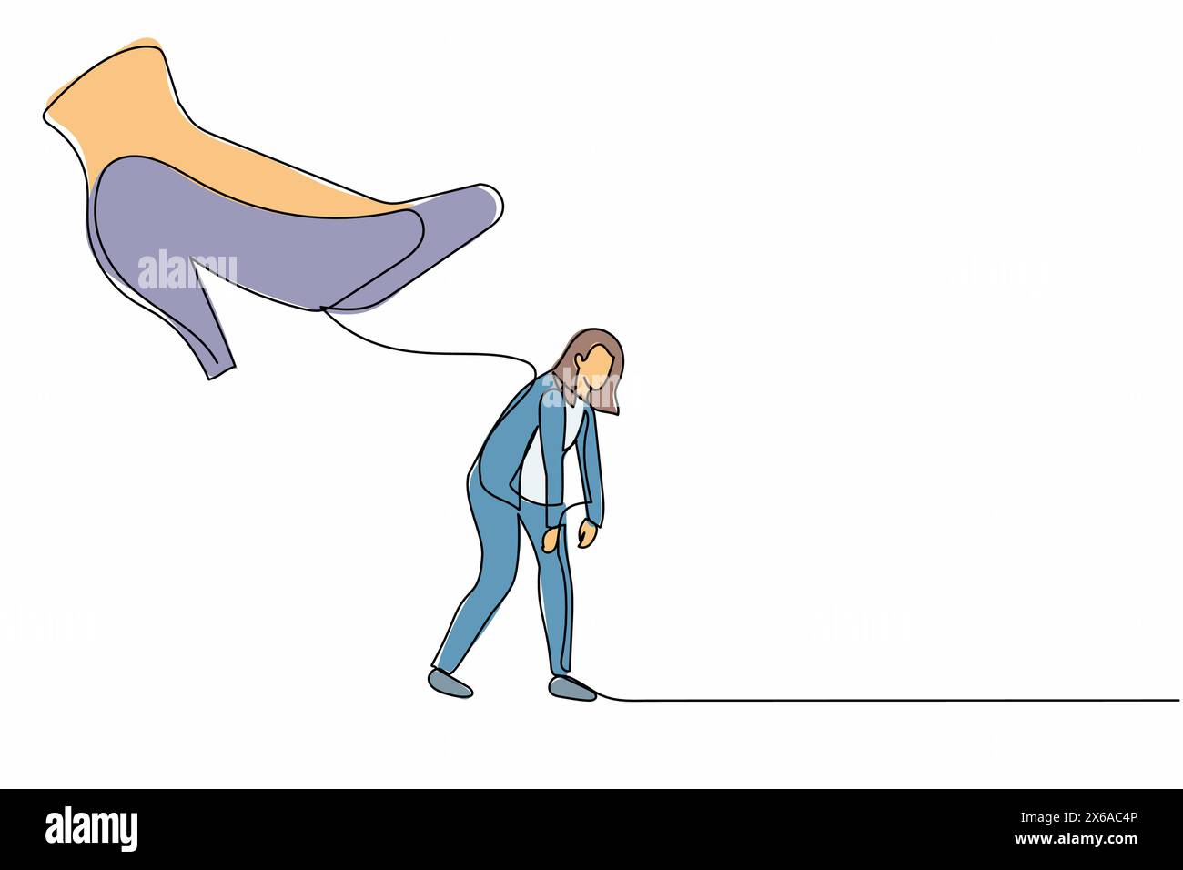 Continuous one line drawing stressed businesswoman going away with huge ...