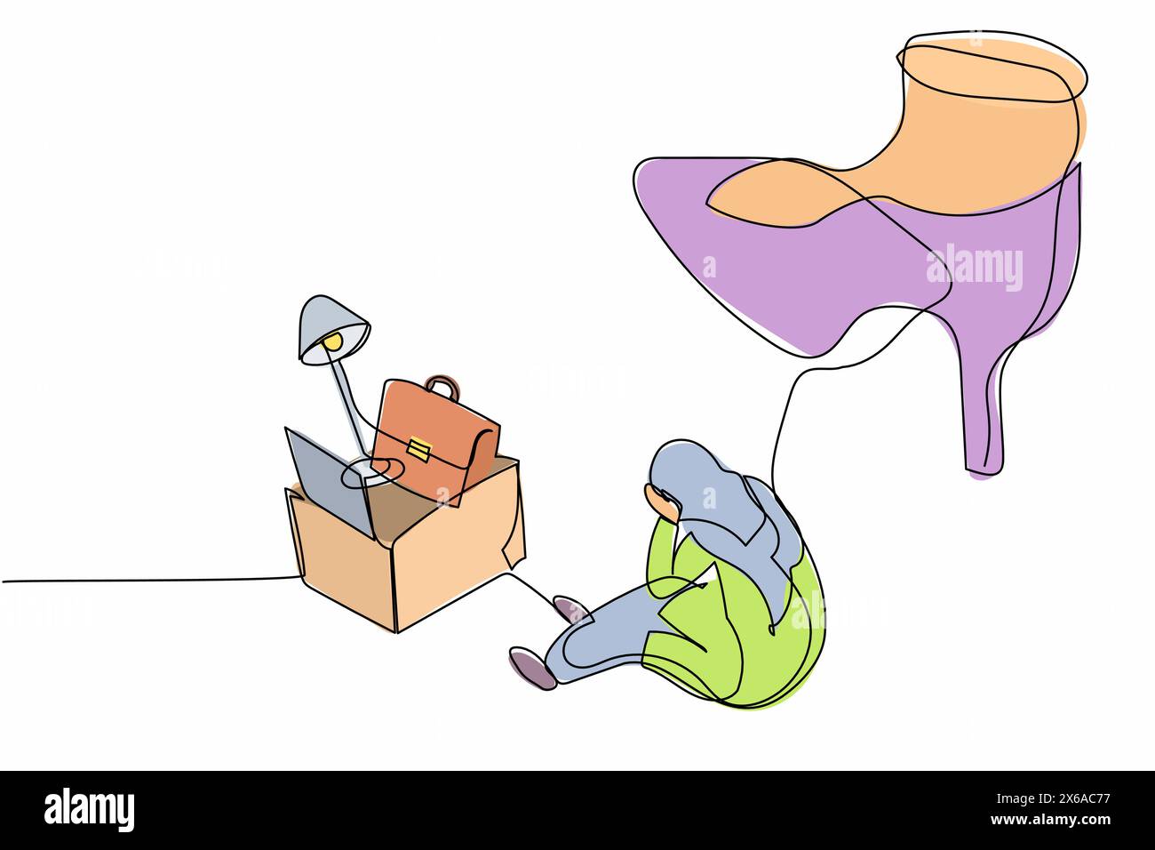 Continuous one line drawing young Arab businesswoman sitting on floor ...
